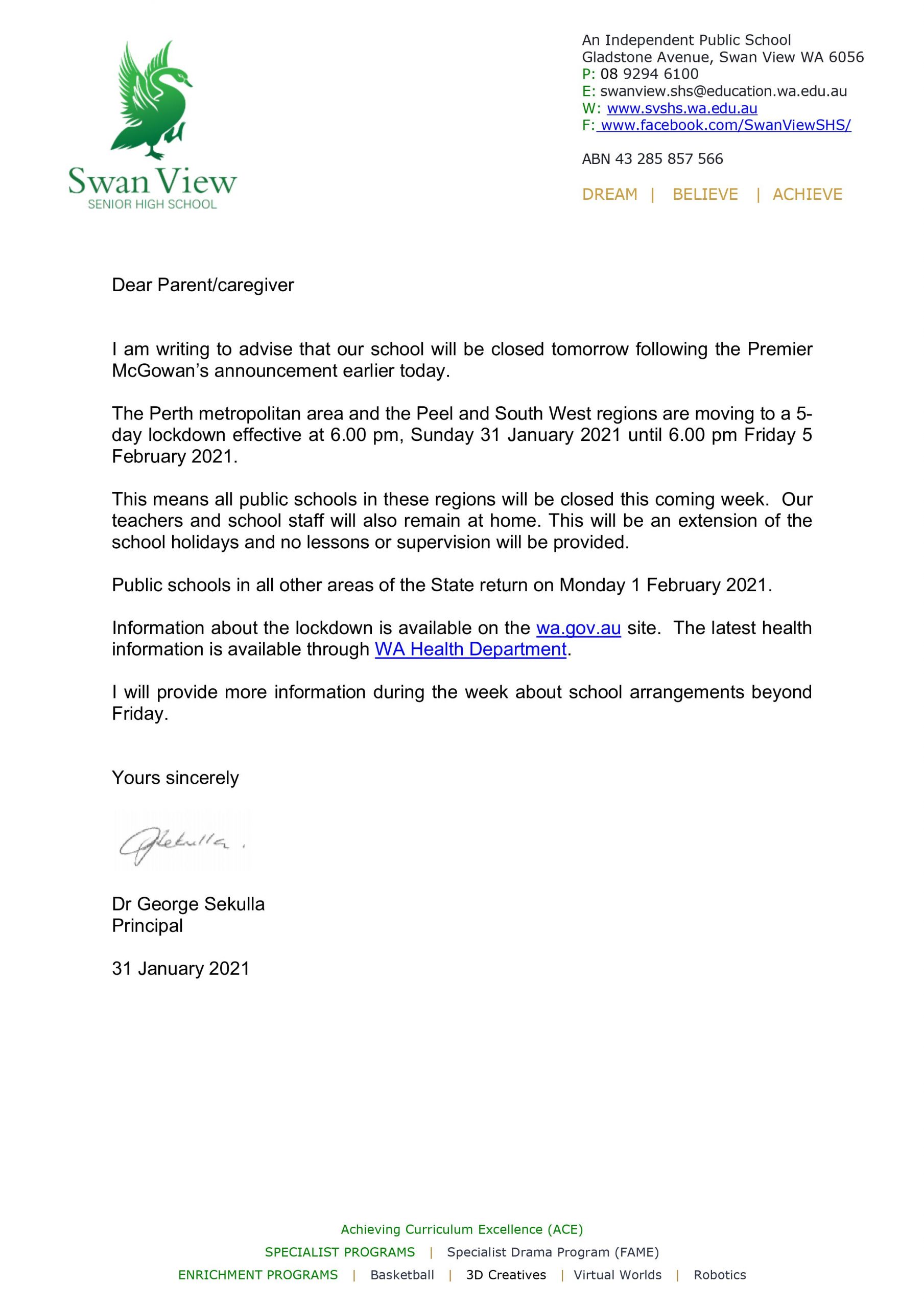 School Closure – Swan View Senior High School